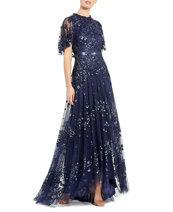 Mac Duggal Petite Sequined High Neck Flutter Sleeve A Line Gown