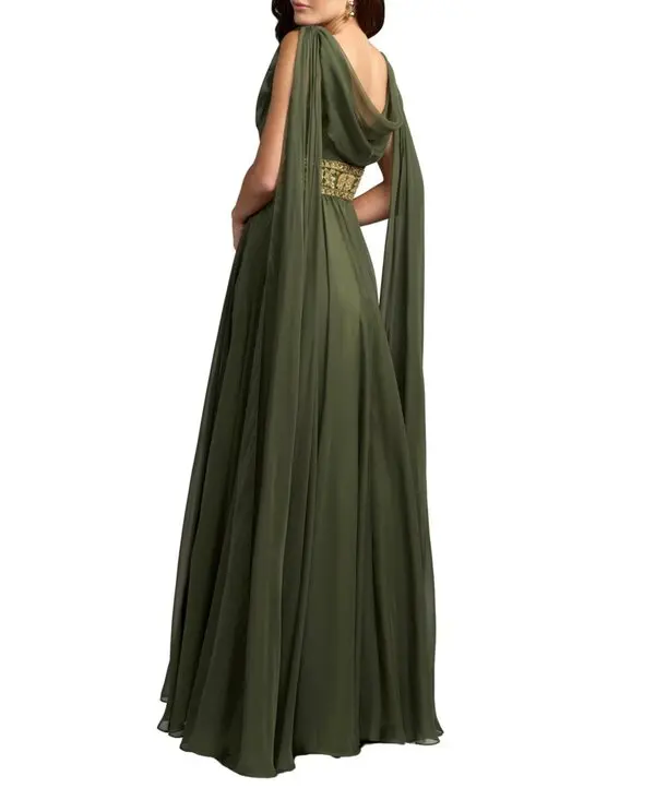Mac Duggal Cowl A-line Gown With Beaded Belt