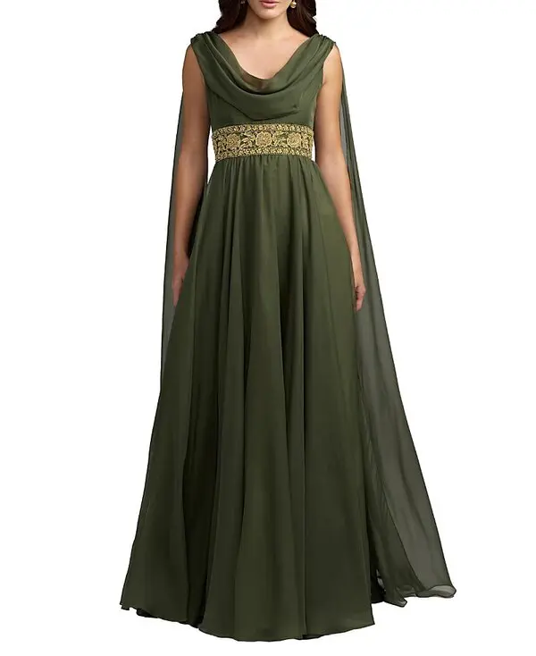 Mac Duggal Cowl A-line Gown With Beaded Belt - Olive