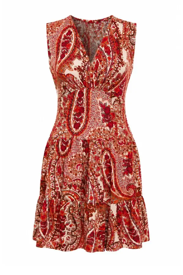 CONQUISTA Paisley Print Tie Mini Dress - Red