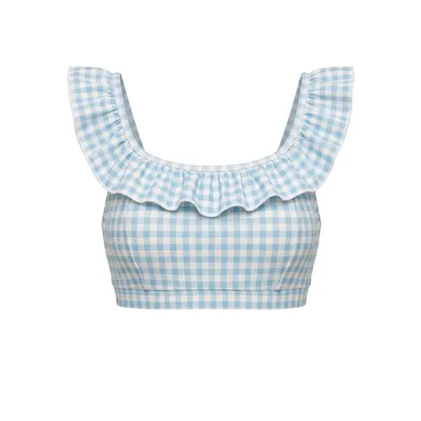 LIME RICKI SWIMWEAR Sky Gingham Ruffle Scoop Bralette - Blue