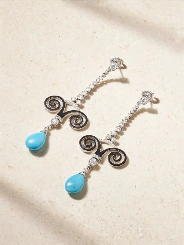 ELEUTERI Vintage 1920s 18-karat White Gold, Diamond, Turquoise And Enamel Earrings - Blue