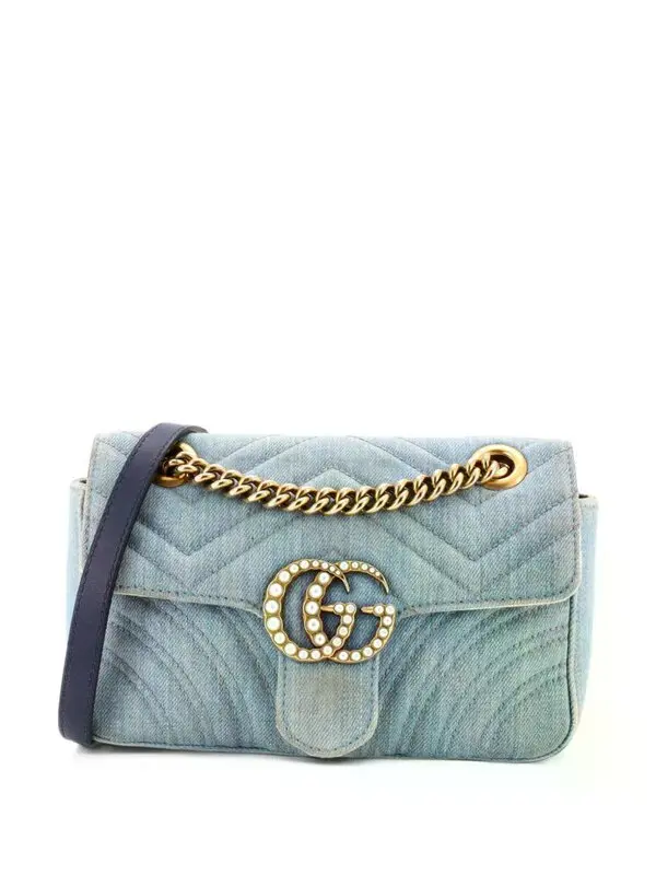 Gucci Pearly Gg Marmont Flap Bag Matelasse Denim Small Shoulder Bag - Blue