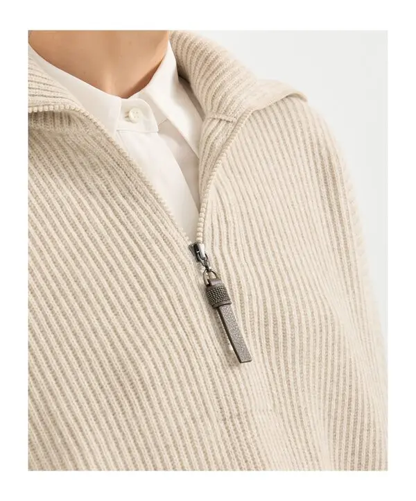 Brunello Cucinelli Cashmere English Rib Sweater With Shiny Zipper Pull - Beige
