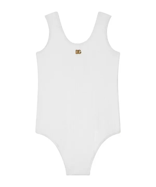 Dolce & Gabbana Dg-plaque Fine-ribbed Swimsuit - White