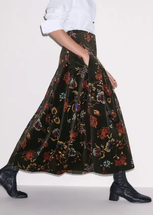 ME+EM Velvet Floral Garden Print Maxi Skirt - Green Multi