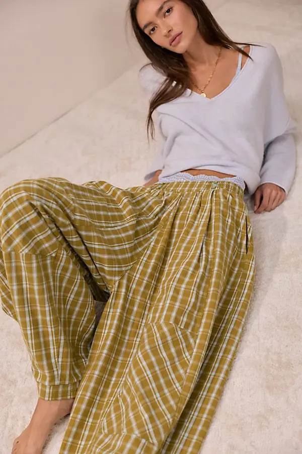 Free People Late Checkout Flannel Wide-leg Pj Pants - Army Combo