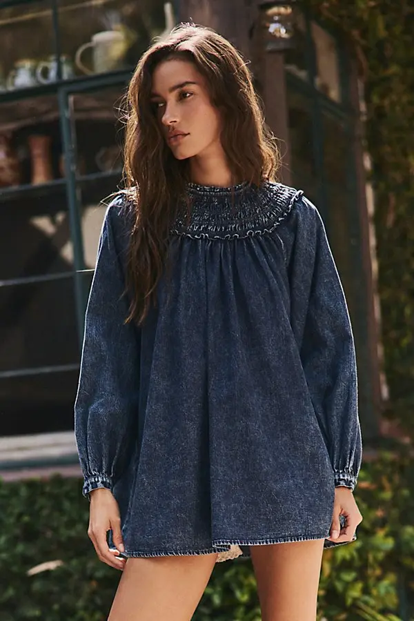 Free People Morning Dew Smocked Mini Dress - True Blue