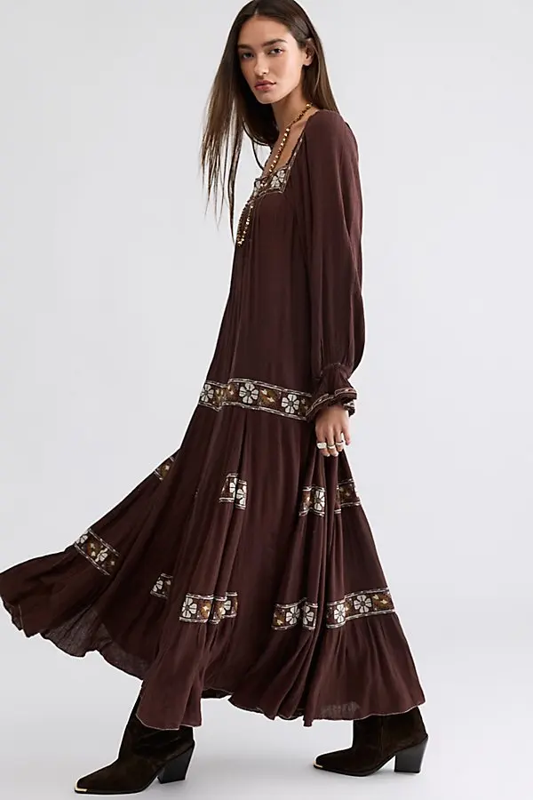 Free People Azalea Embroidered Maxi Dress - Brown Combo