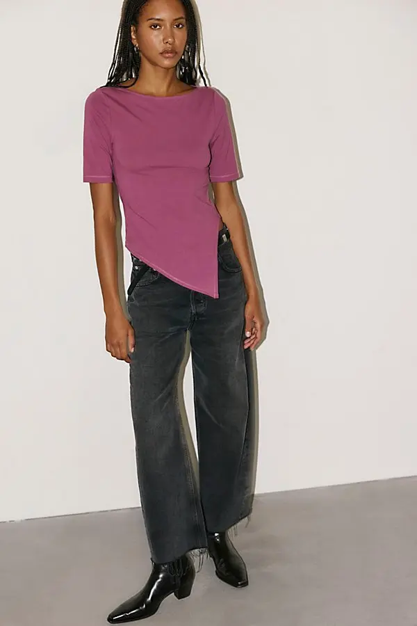 Free People Easy Rotation Asymmetrical Half-sleeve Shirt - Damson