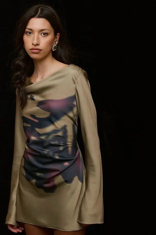 Significant Other Tily Long Sleeve Mini Dress - Olive Stencil