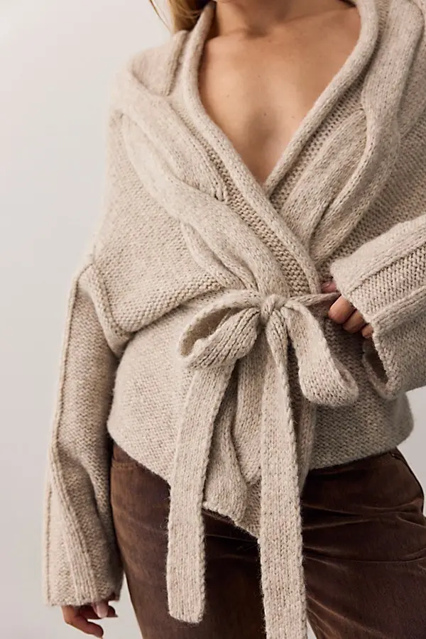 Free People Enlaced Cable Knit Wrap Cardigen - Taupe