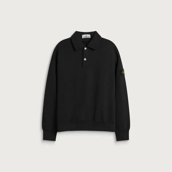 Stone Island Tubular Cotton Garment Dyed Polo Sweatshirt - Black