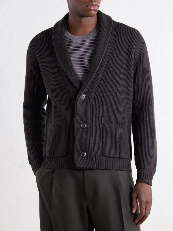Thom Sweeney Shawl-collar Ribbed Merino Wool Cardigan