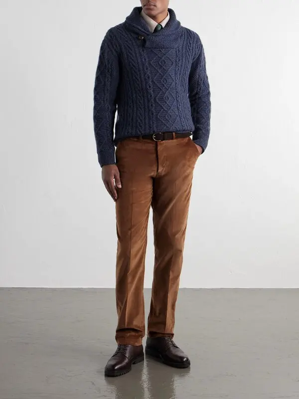 Purdey Shawl-collar Aran Cable-knit Wool Sweater
