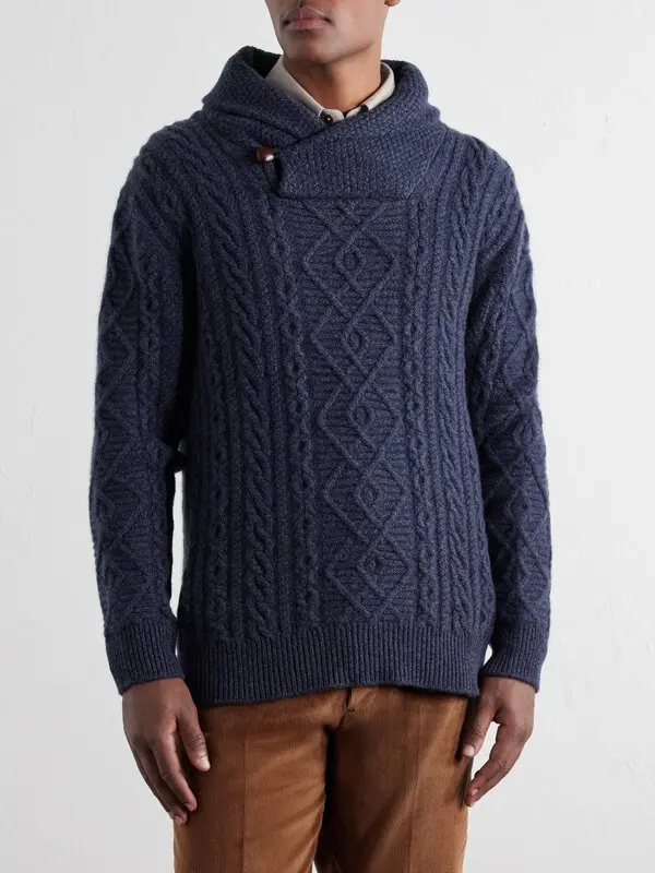 Purdey Shawl-collar Aran Cable-knit Wool Sweater