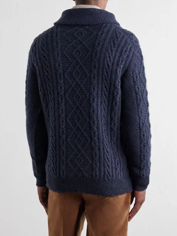 Purdey Shawl-collar Aran Cable-knit Wool Sweater