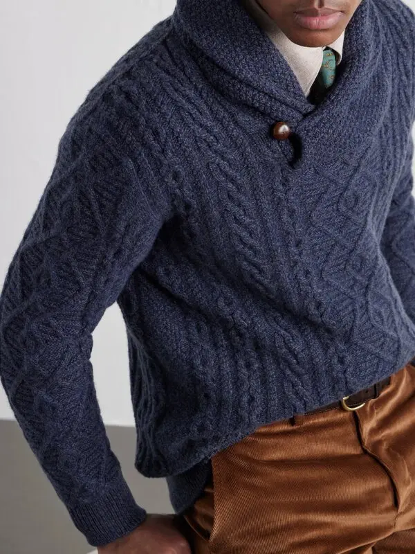 Purdey Shawl-collar Aran Cable-knit Wool Sweater
