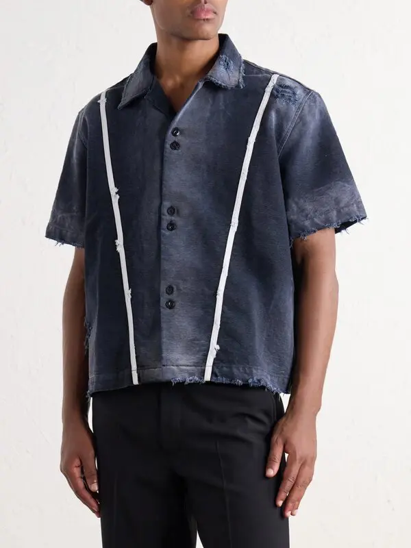 SEKRIT The 1% M.c. Logo-detailed Distressed Denim Shirt
