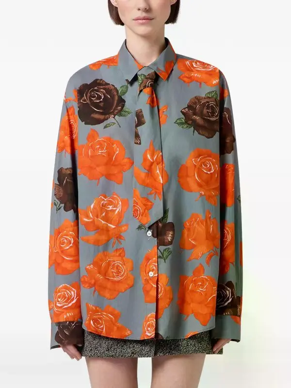 MSGM Floral-print Tie-neck Shirt