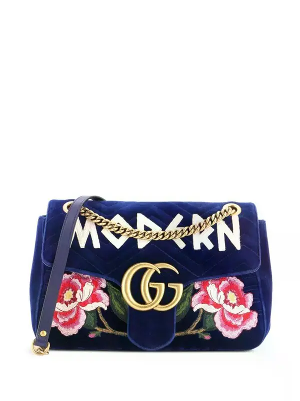 Gucci Gg Marmont Flap Bag Embroidered Matelasse Velvet Medium Shoulder Bag - Blue