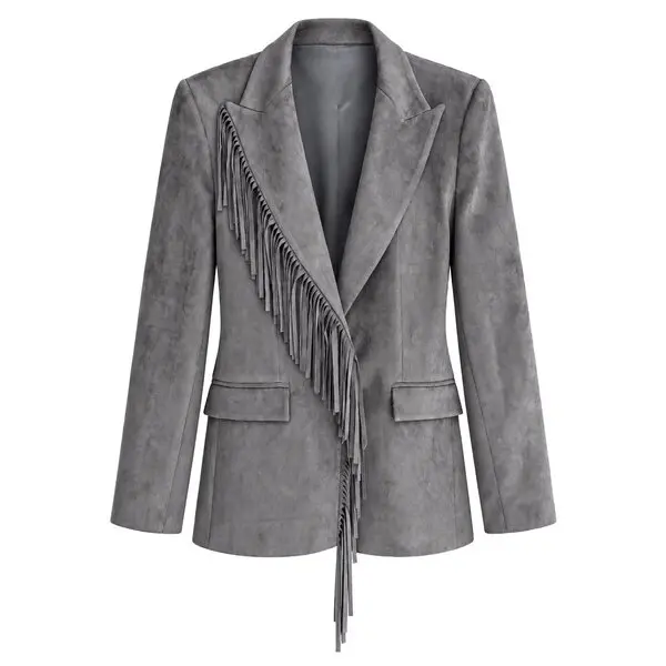 MAVLO Suede Jacket With Asymmetric Fringe Detail - Grey