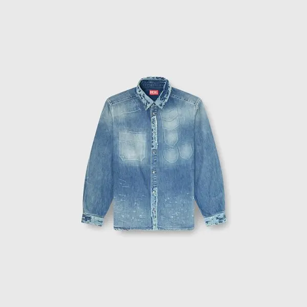 DIESEL® Shirt In Distressed Patch-effect Denim - Blue