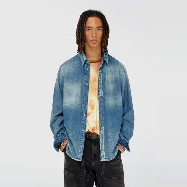 DIESEL® Shirt In Distressed Patch-effect Denim - Blue