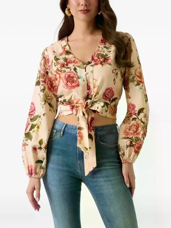 Guess Floral-print Tie-front Top - Neutrals