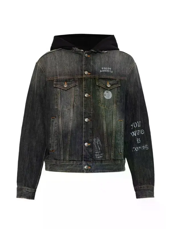 Palm Angels Graphic-print Hooded Denim Jacket - Black