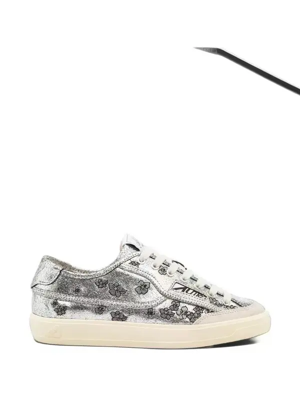 AUTRY Floral-print Crackled-leather Sneakers - Silver
