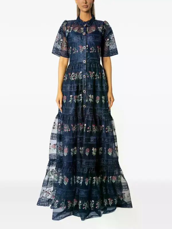 MIAU BY CLARA ROTESCU Eiran Floral-embroidered Tiered Maxi Dress - Blue