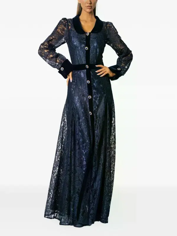 MIAU BY CLARA ROTESCU Amara Lace-overlay Velvet-trim Maxi Dress - Blue