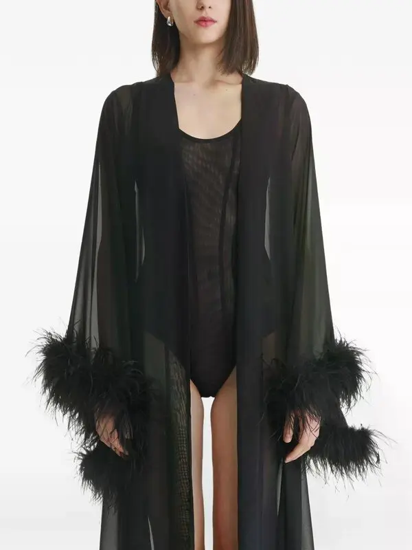 2310 STUDIO Feather-trim Sheer Robe - Black