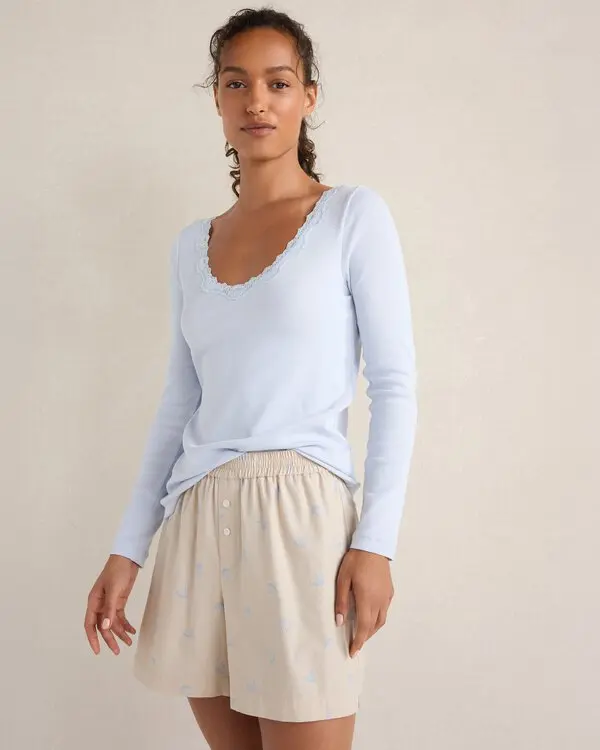 HAVEN WELL WITHIN Resti Organic Cotton Rib Lace Long Sleeve Top - Arctic Ice