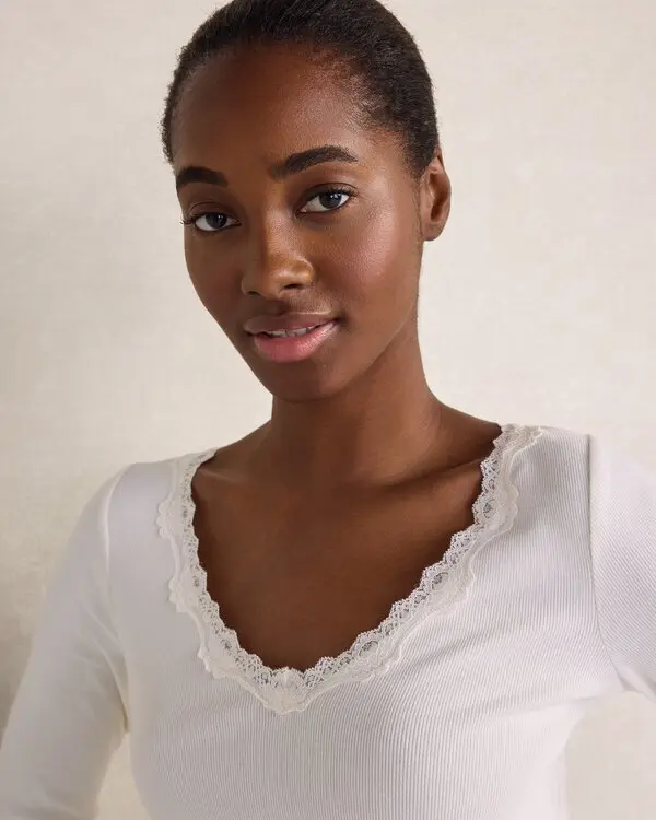 HAVEN WELL WITHIN Resti Organic Cotton Rib Lace Long Sleeve Top - Arctic Ice