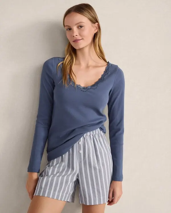 HAVEN WELL WITHIN Resti Organic Cotton Rib Lace Long Sleeve Top - Indigo