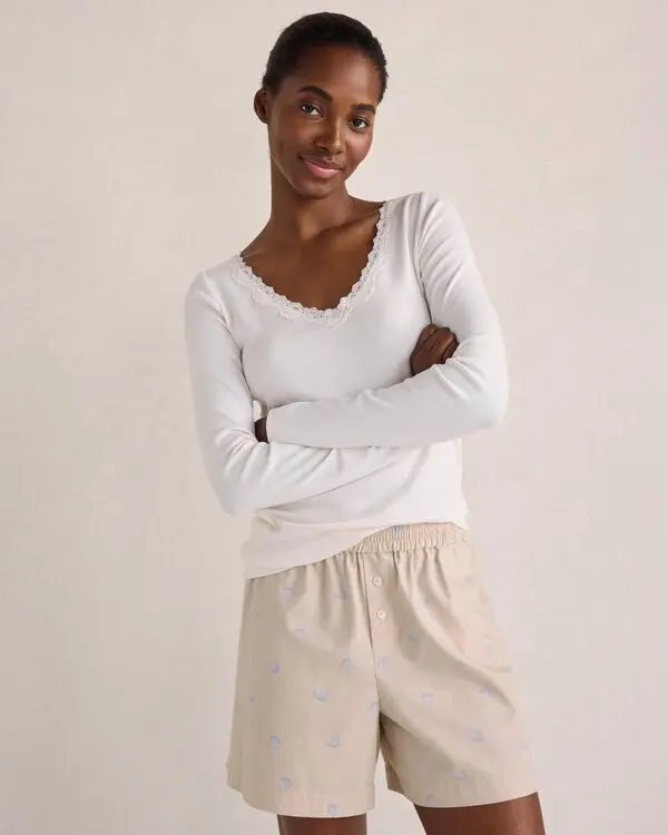 HAVEN WELL WITHIN Resti Organic Cotton Rib Lace Long Sleeve Top - Ivory