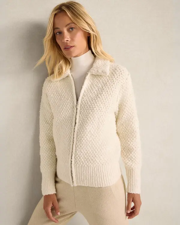HAVEN WELL WITHIN Cozy Knit Bobble Bomber Jacket - Ivory