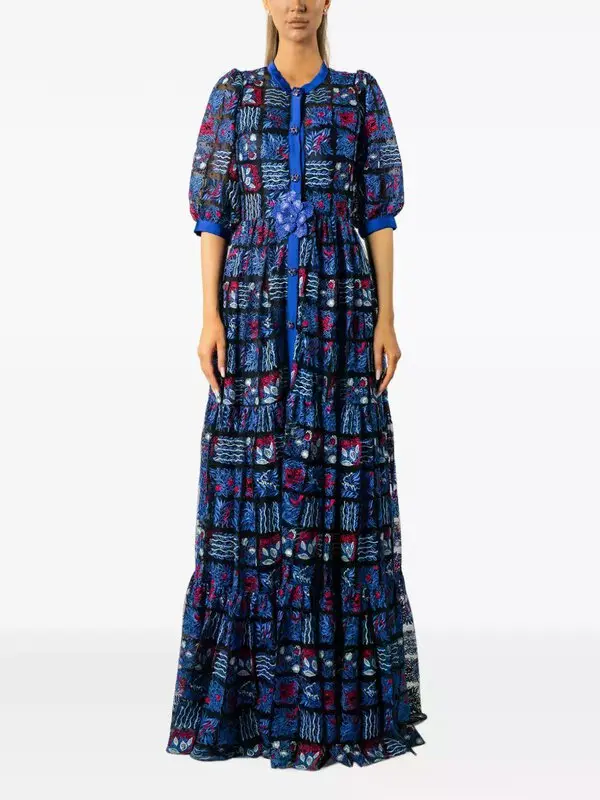 MIAU BY CLARA ROTESCU Embroidered Tiered Maxi Dress - Blue
