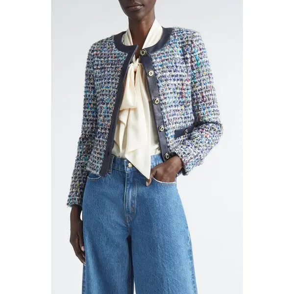St. John San Germain Leather Trim Tweed Jacket - Midnight/ecru Multi