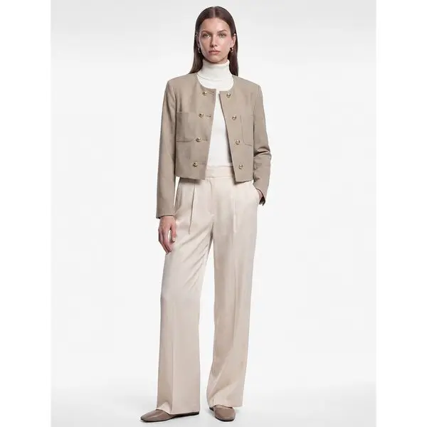Koton Boxy Fit Crew Neck Long Sleeve Blazer With Pockets - Beige