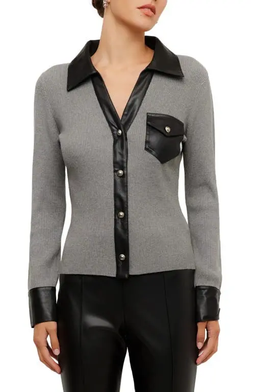 Fifteen Twenty Isabella Faux Leather Trim Ribbed Top - Gray