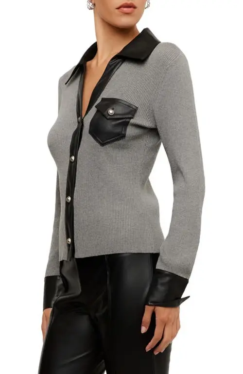 Fifteen Twenty Isabella Faux Leather Trim Ribbed Top - Gray
