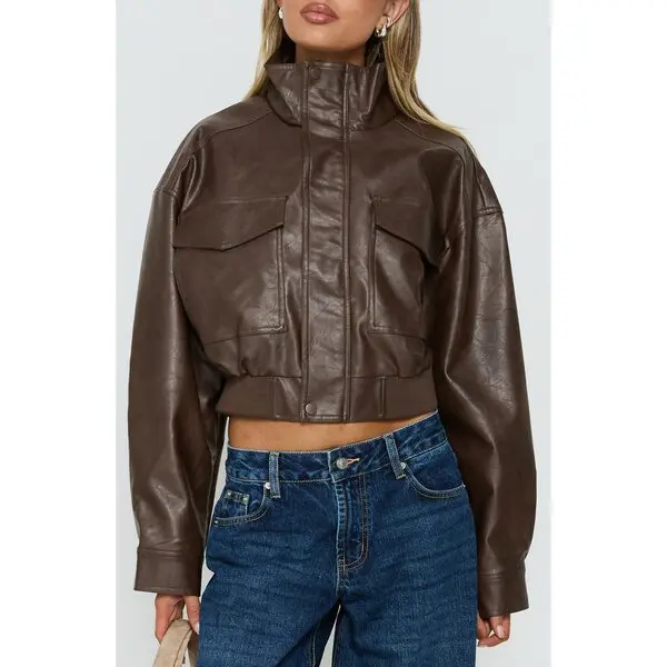 Princess Polly Ace Player Funnel Neck Crop Faux Leather Jacket - Brown
