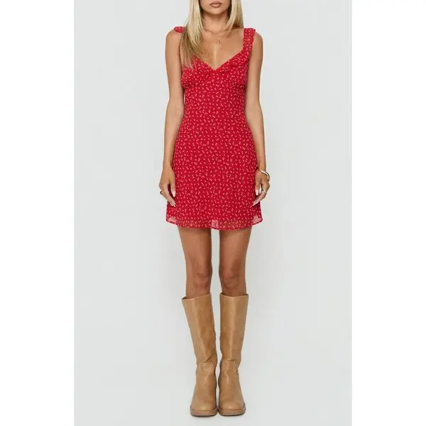 Princess Polly Lozie Frill V-neck Minidress - Red Floral