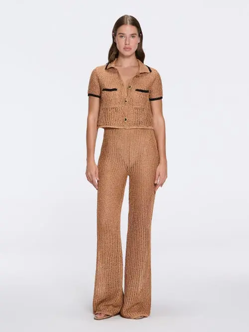 MOEVA Ramatuelle Knitted Shirt-style Gold Buttoned Crop Top - Beige