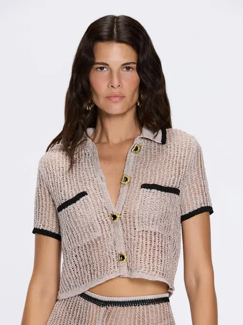 MOEVA Ramatuelle Knitted Shirt-style Gold Buttoned Crop Top - Gray