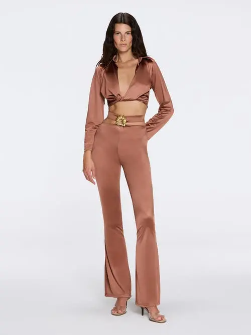 MOEVA Gwyneth High-waist With Gold Detail Satin Flare Pants - Brown