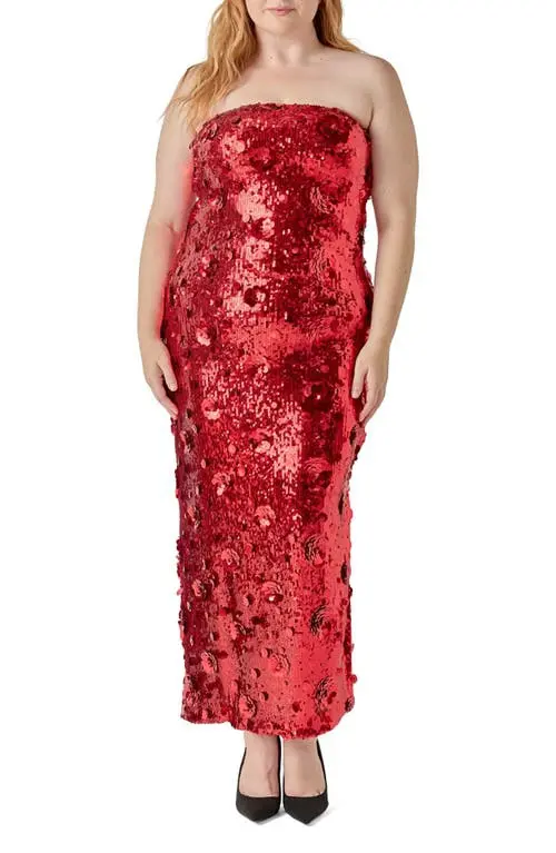 Endless Rose Sequin Appliqué Strapless Midi Dress - Red